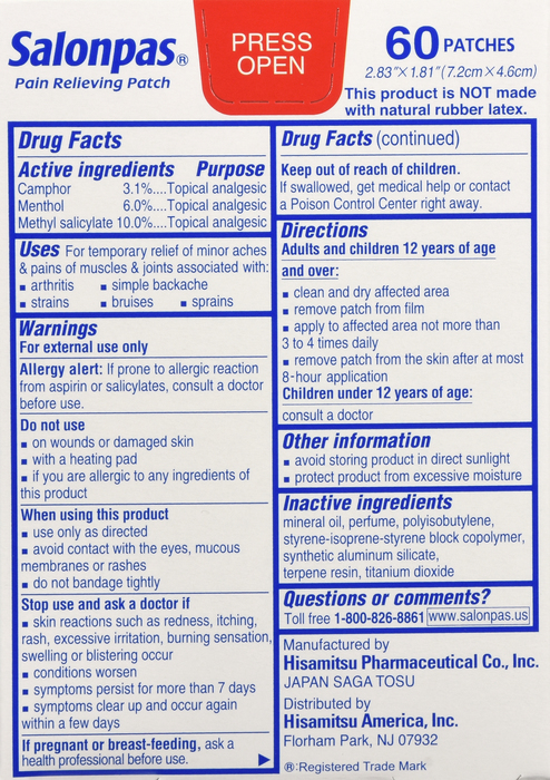 Salonpas Pain Relieving Patch - 60 Patches CASE OF 36 By Emerson H