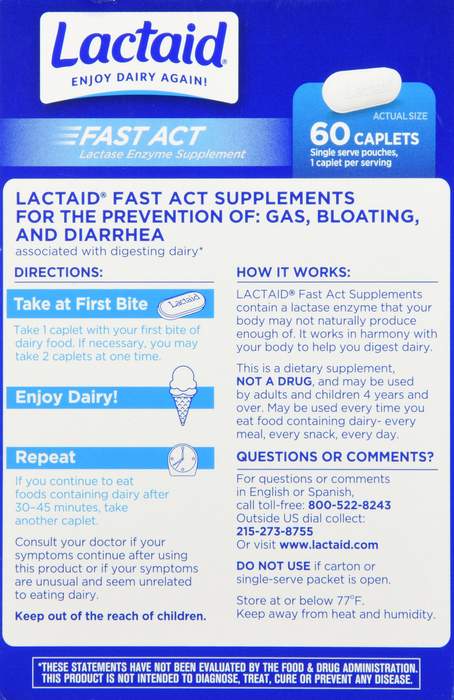 Lactaid Fast Acting Vanilla Caplets 60ct By J&J Consumer