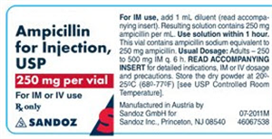 Ampicillin Inj 250mg B10 By Sand oz