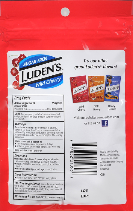 Ludens Throat Drops Wild Cherry Sugar Free - 25 Count By Medtech