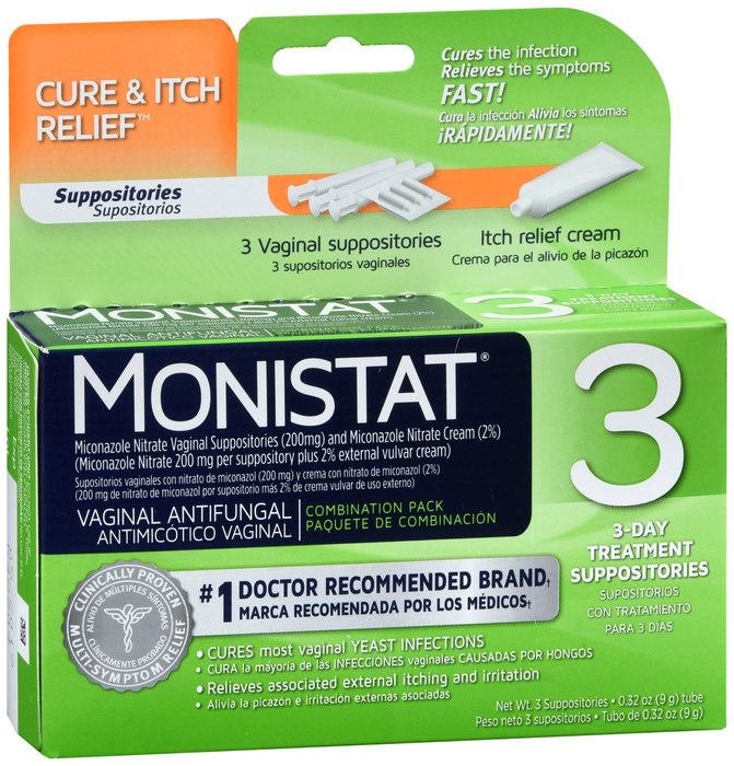 Monistat 3 Miconazole Disp Combo Pack (3 SUPPOSITORIES+ONE CREAM) One Box