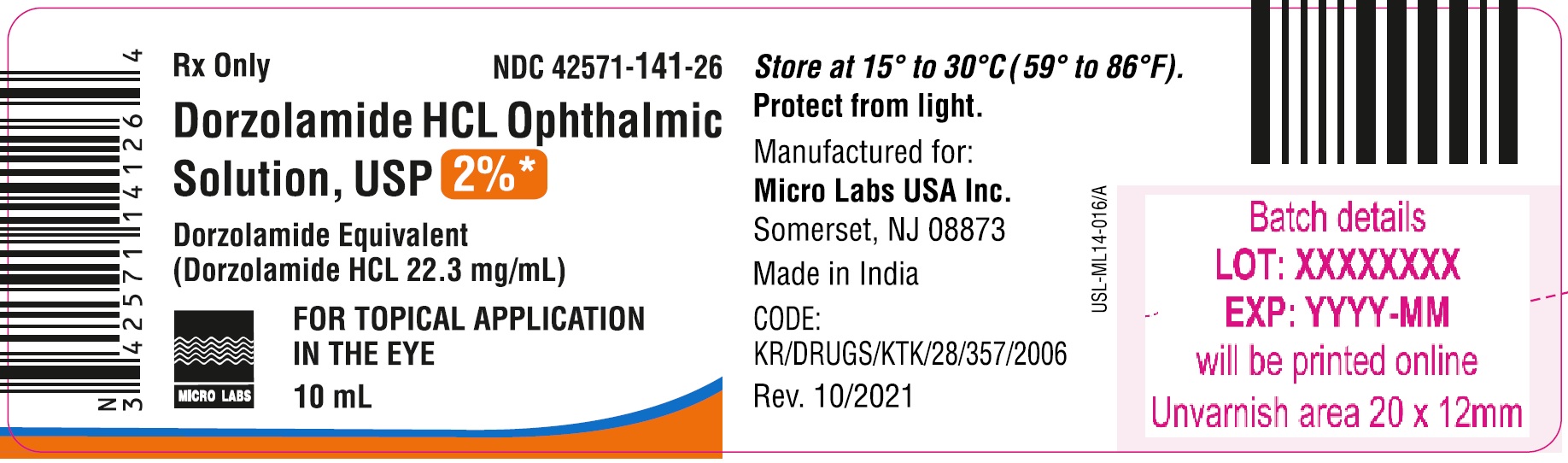 Rx Item-Dorzolamide 2% 10 ML O/S by Micro Labs USA Gen Trusopt