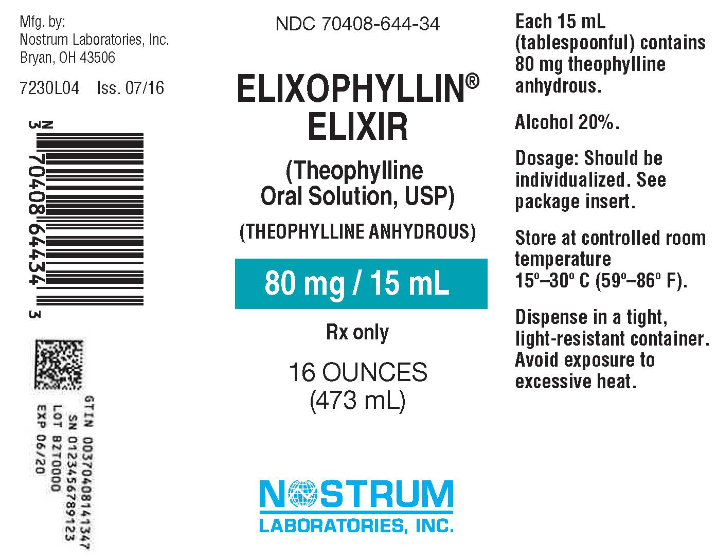 Rx Item-Elixophyllin 80MG-15M 473 ML Elixir by Nostrum Lab USA Theophylline