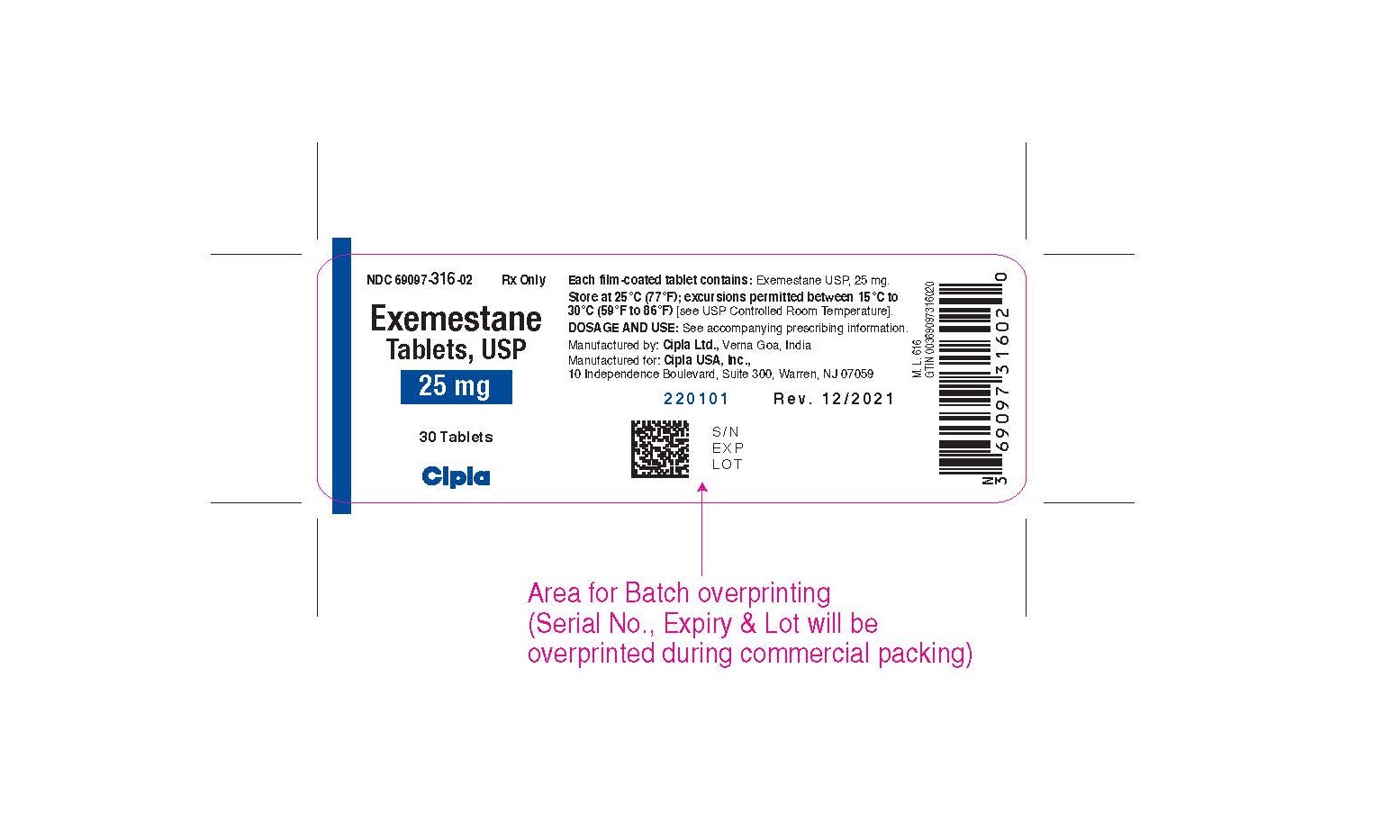 Rx Item-Exemestane 25MG 30 Tab by Cipla Pharma USA Gen Aromasin