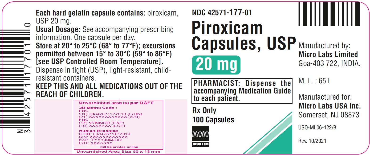 Rx Item-Piroxicam 20MG 100 Cap by Micro Labs USA Gen Feldene