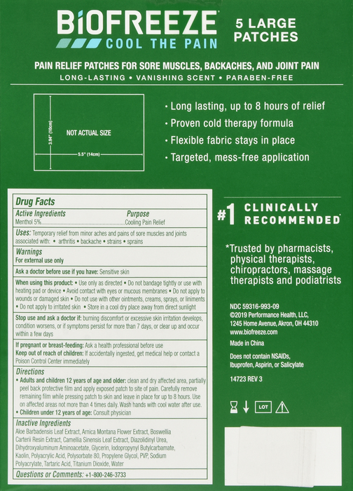 Biofreeze Menthol Pain Relief Gel Patches Large 5ct by RB Health