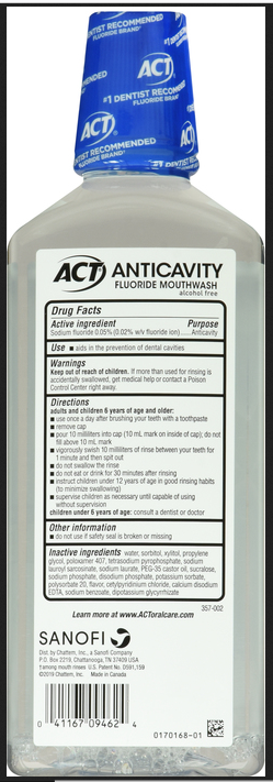 ACT Anticavity Liquid 18 oz By Chattem Drug & Chem Co USA
