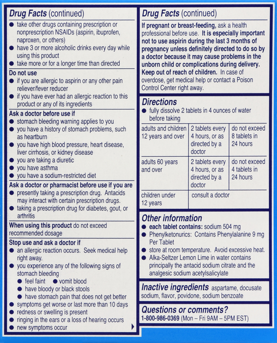 Alka-Seltzer Antacid Effervescent Tablets Lemon Lime 36 EA