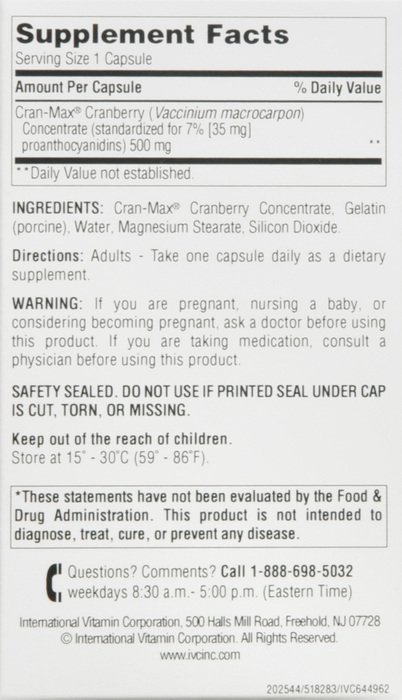 Cran-Max 500 mg Capsule 500 mg 60 By International Vitamin Corporat USA