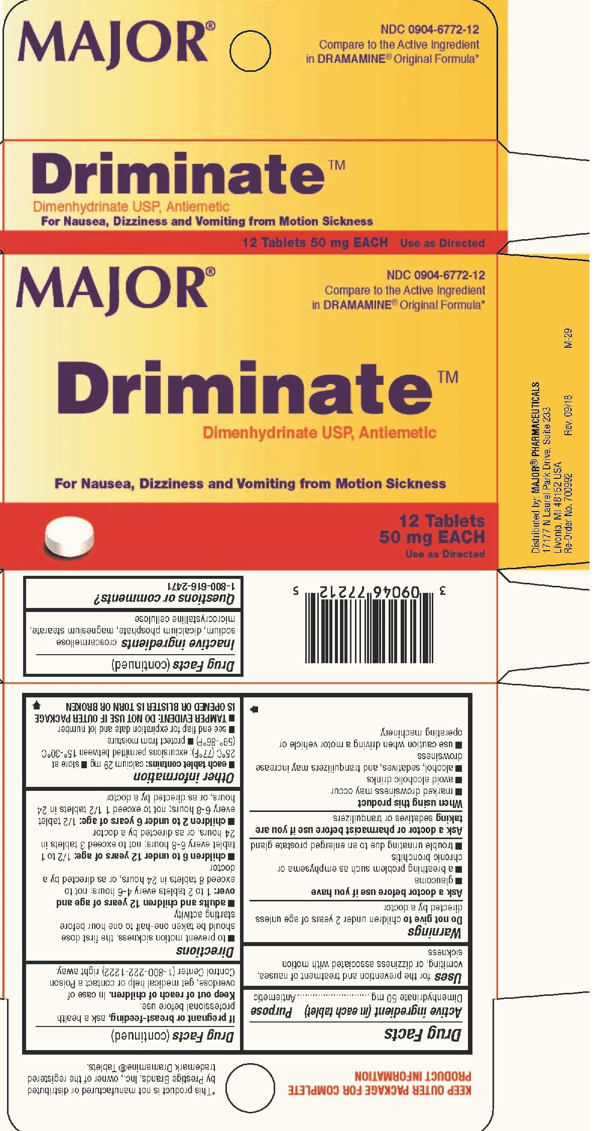 Pack of 12-Driminate 50 mg Tab 12 By Major Pharma USA gen Dramamine