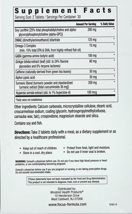 Focus Formula Brain Tablet 60 By Windmill Health Products USA