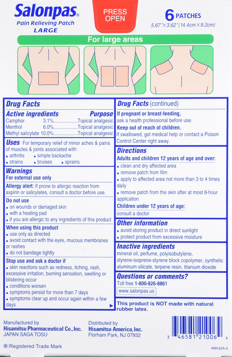 Salonpas Pain Relieving Patch Large Patch 6 By Emerson Healthcare USA
