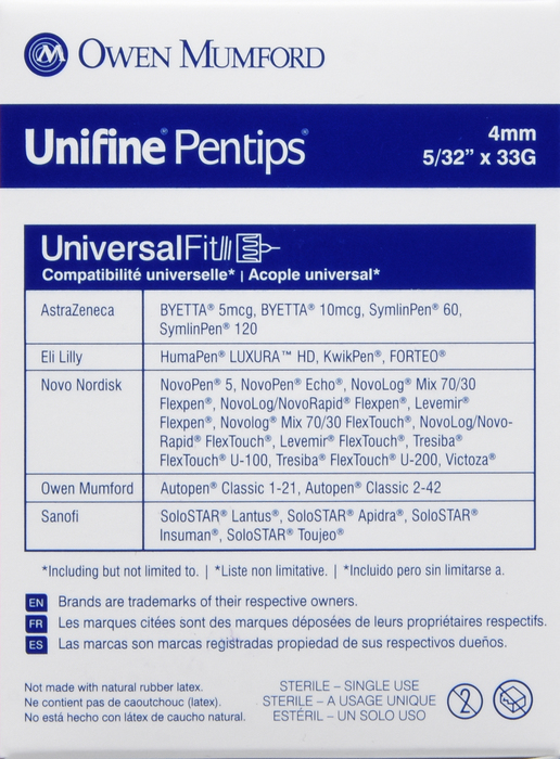 Pack of 12-Unifine Pentips Pen Needle 4 Mm X33G Needle By Owen Mumford USA