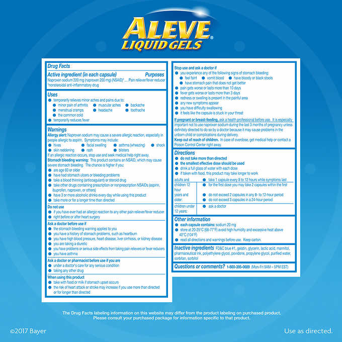 Aleve Naproxen Sodium 220 mg. Pain Reliever/Fever Reducer, 160 Liquid Gels