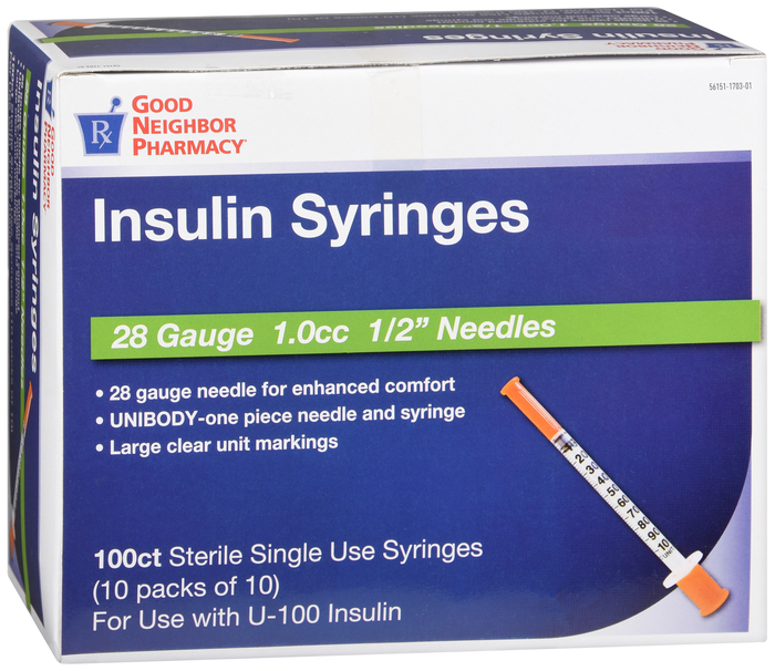 Case of 12-Good Neighbor Pharmacy Insulin Syringes 29Gx1/2 0.5cc 100ct
