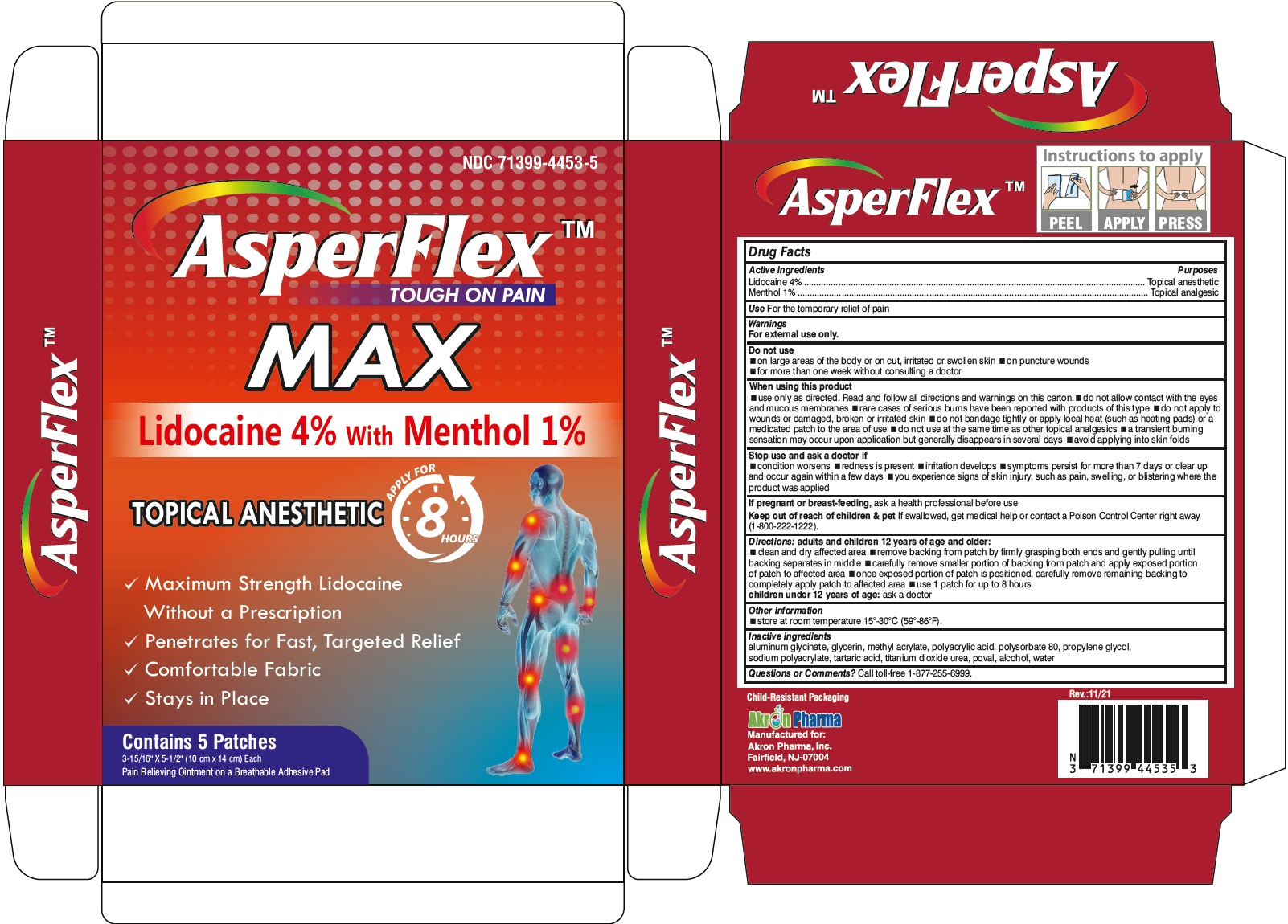 Asperflex Max 4% Lidocaine-Menthol Patches Box of 5 by Akorn Pharma USA
