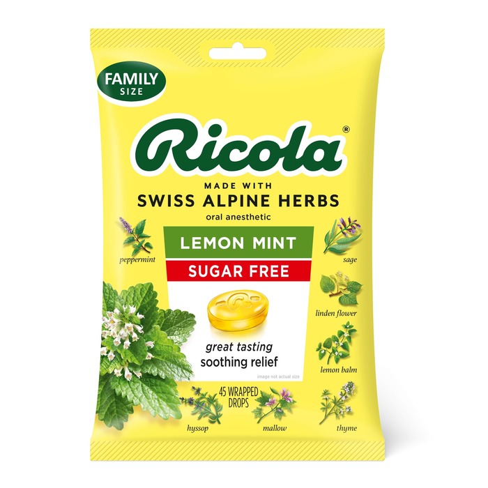 Pack of 12- Ricola Bag Family Sugar Free Lemon Mint Drop 45 Ct