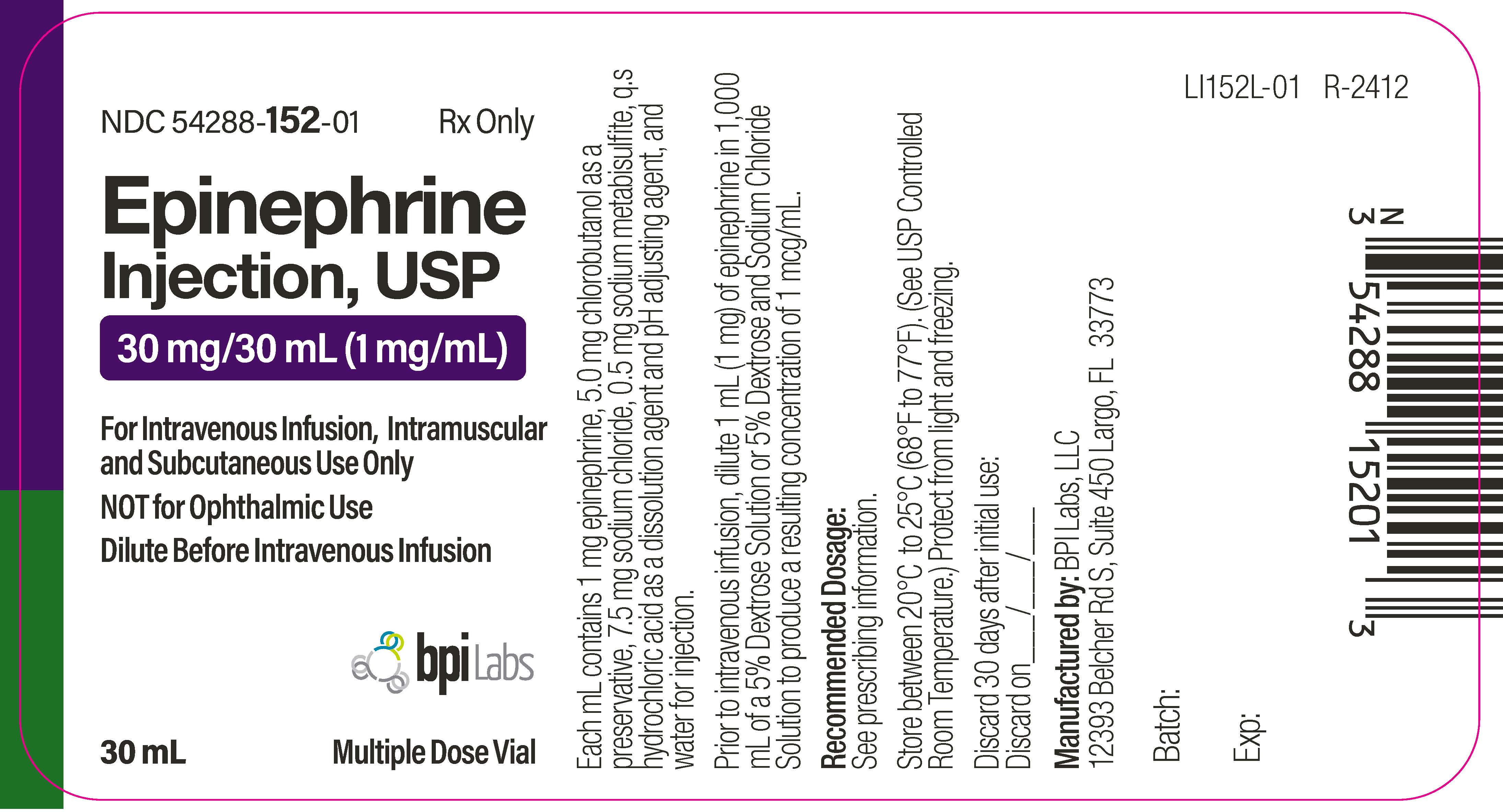 Rx Item-Epinephrine Gen Adrenalin Chloride 1Mg/ml Vial 30ml By BPI lab