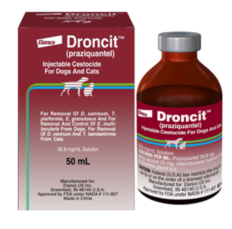 Droncit Injectable Cestocide for Dogs and Cats 56.8 mg/mL, By Elanco (Vet)