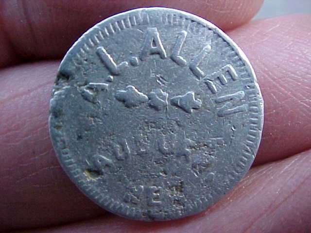Auburn, Nebraska Token: A. L. ALLEN 5¢ dry goods & shoes 1897 - 1926 Rare